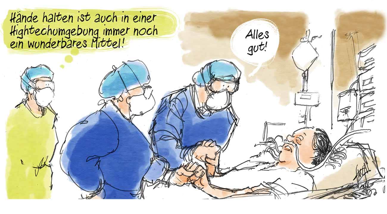 Ein Karikaturist zeichnet aus der Intensivstation